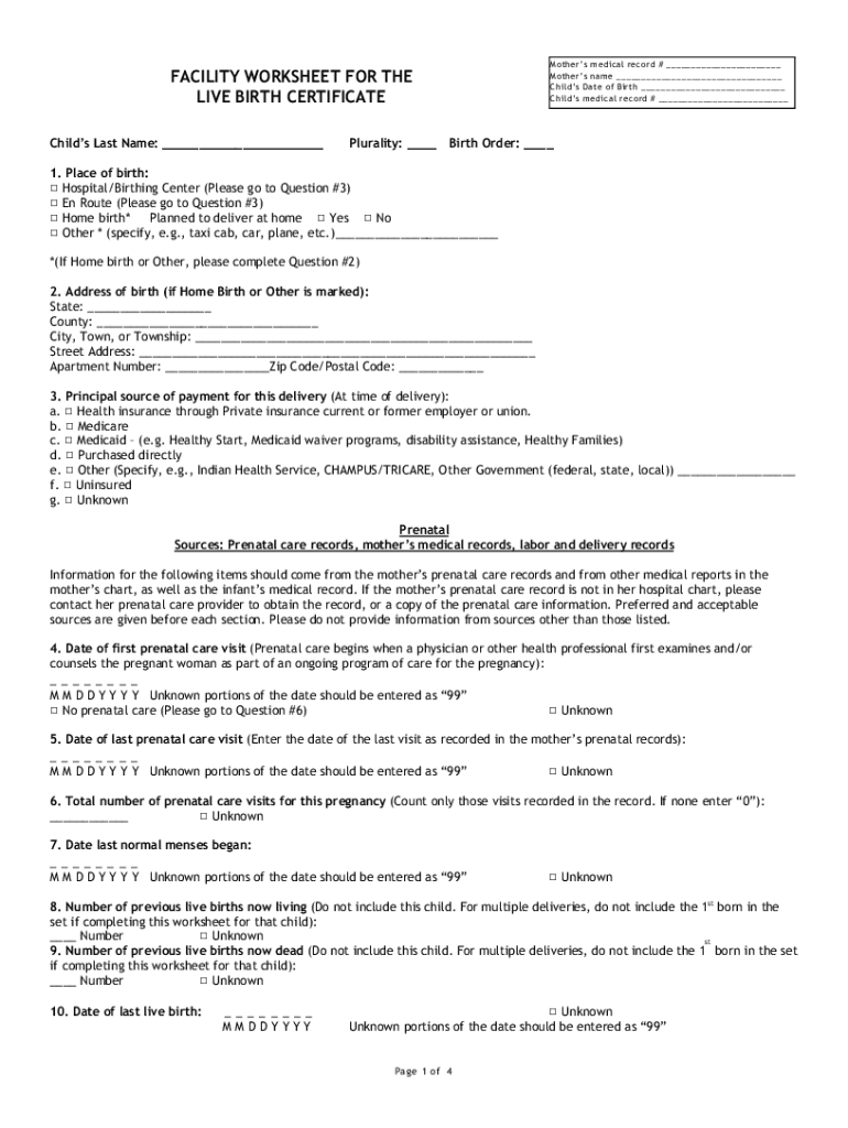 Fillable Online Facility Worksheet for the certificate of live birth ...