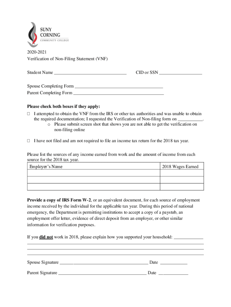 Fillable Online 2020-2021 Verification of Non-Filing Statement (VNF ...