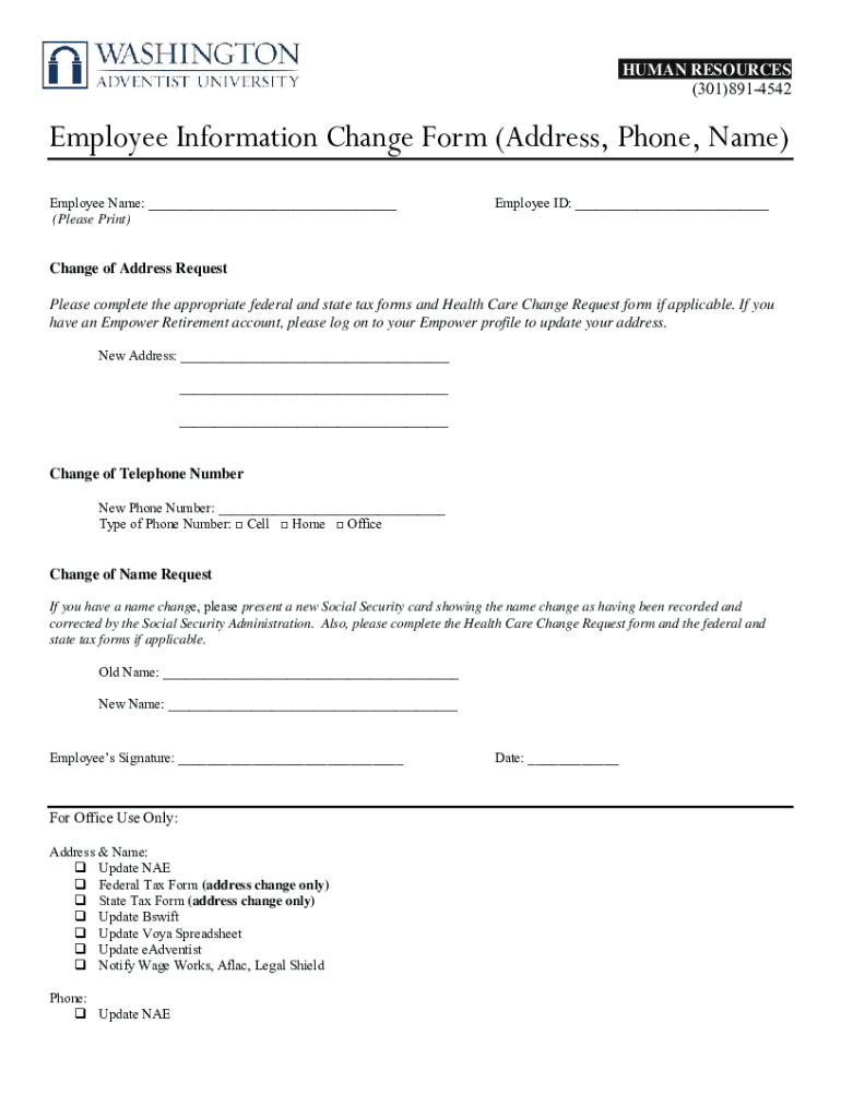 Fillable Online Employee Information Change Form (Address, Phone ...