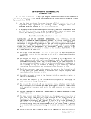 Fillable Online Secretary Certificate template - CORPORATE ... Fax ...