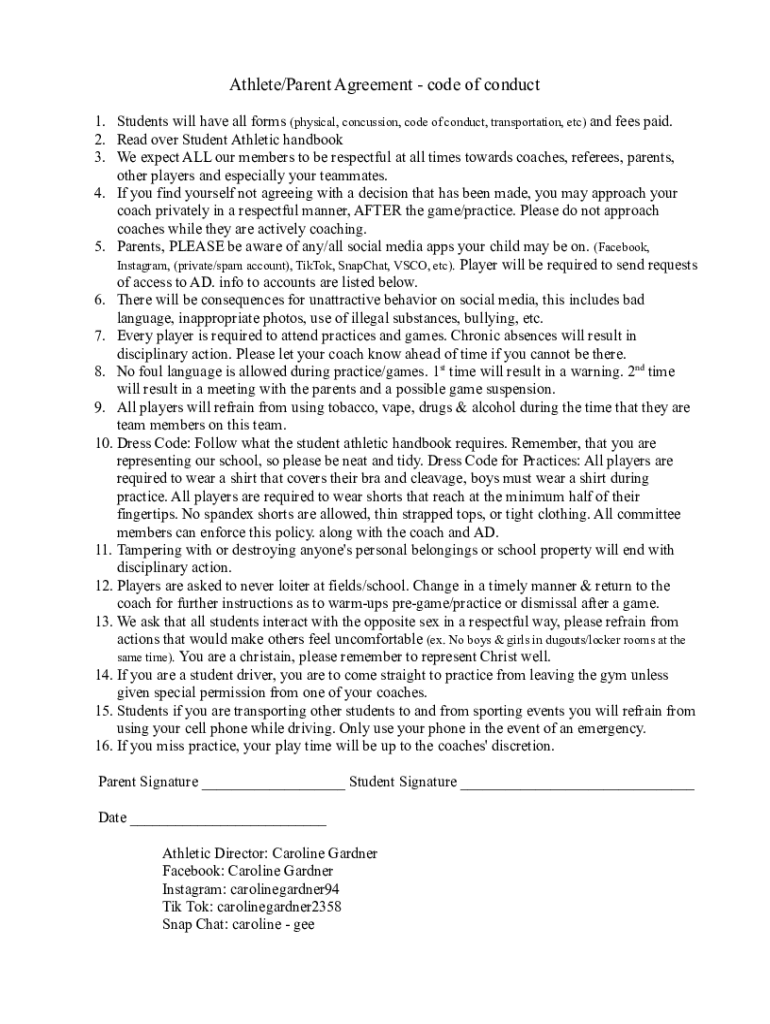 Fillable Online Athlete/Parent Agreement - code of conduct Fax Email Print - pdfFiller