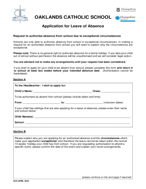 Fillable Online MODEL APPLICATION FORM FOR REQUEST TO AUTHORISE ABSENCE FROM SCHOOL Fax Email ...
