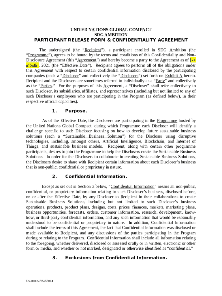 PARTICIPANT RElease & ConfidentialitY Agreement Doc Template | pdfFiller
