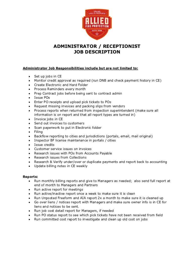 Fillable Online Best Receptionist Job Description Template Fax Email