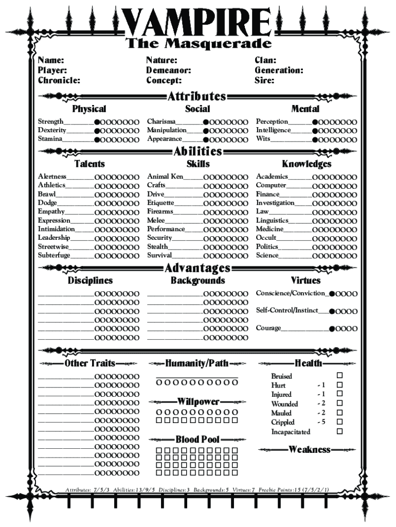 Fillable Online Vampire Character Sheet Fax Email Print - pdfFiller