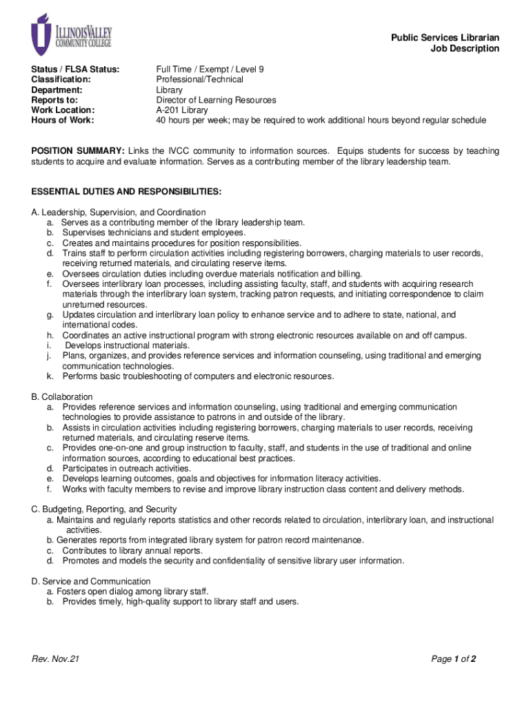Fillable Online Public Services Librarian Job Description Rev. Nov.21 ...