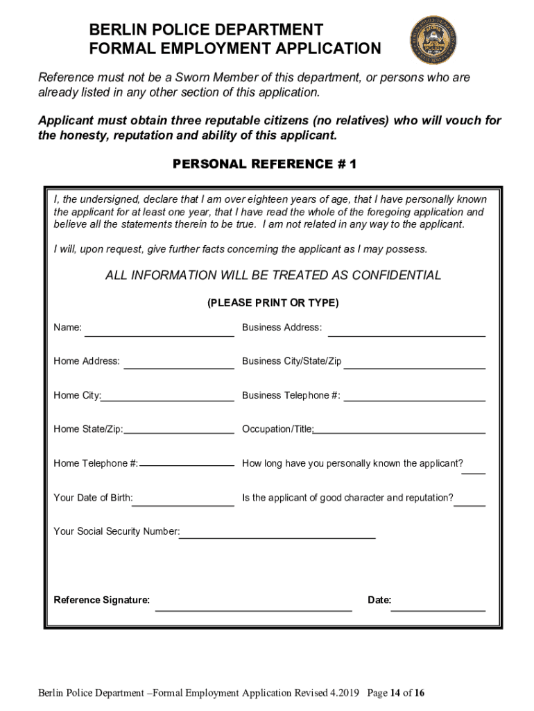 Fillable Online berlin police department formal employment application ...