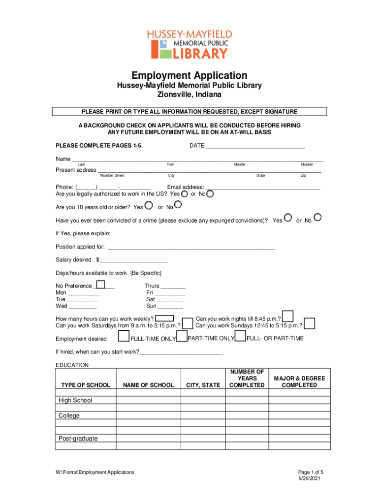 Fillable Online Employment Application Form - Hussey-Mayfield Public Library - ... Fax Email ...