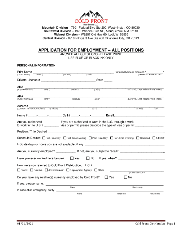 Fillable Online APPLICATION FOR EMPLOYMENTALL POSITIONS Fax Email Print - pdfFiller