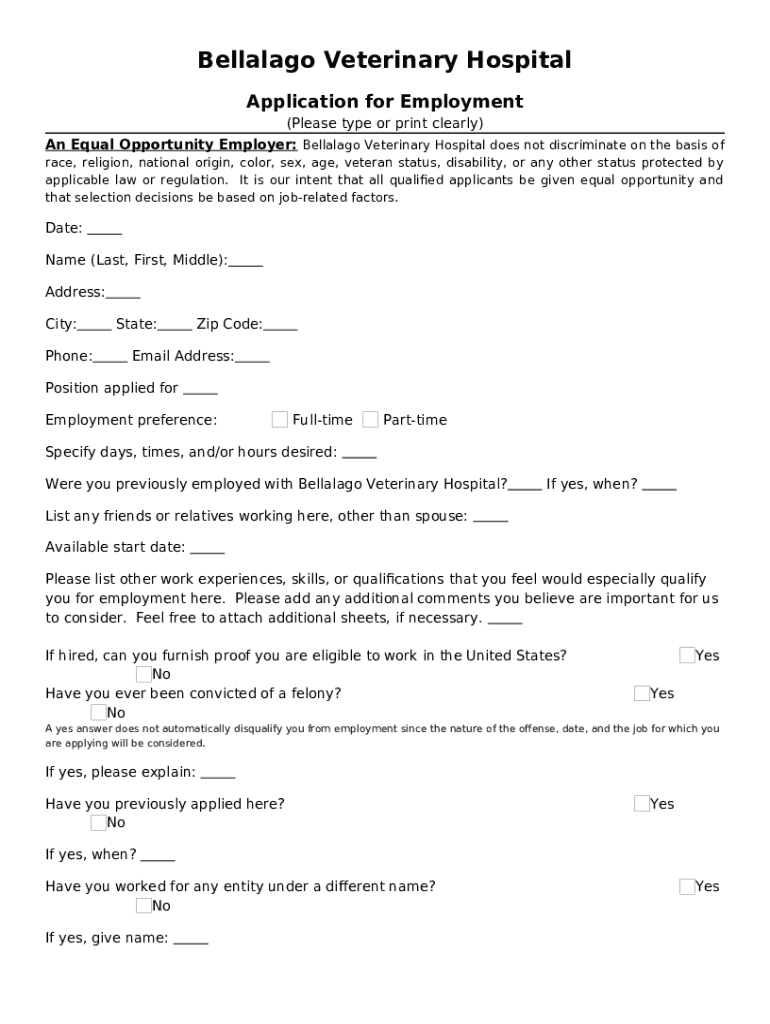 Bellalago Veterinary Hospital Application for Employment Doc Template ...