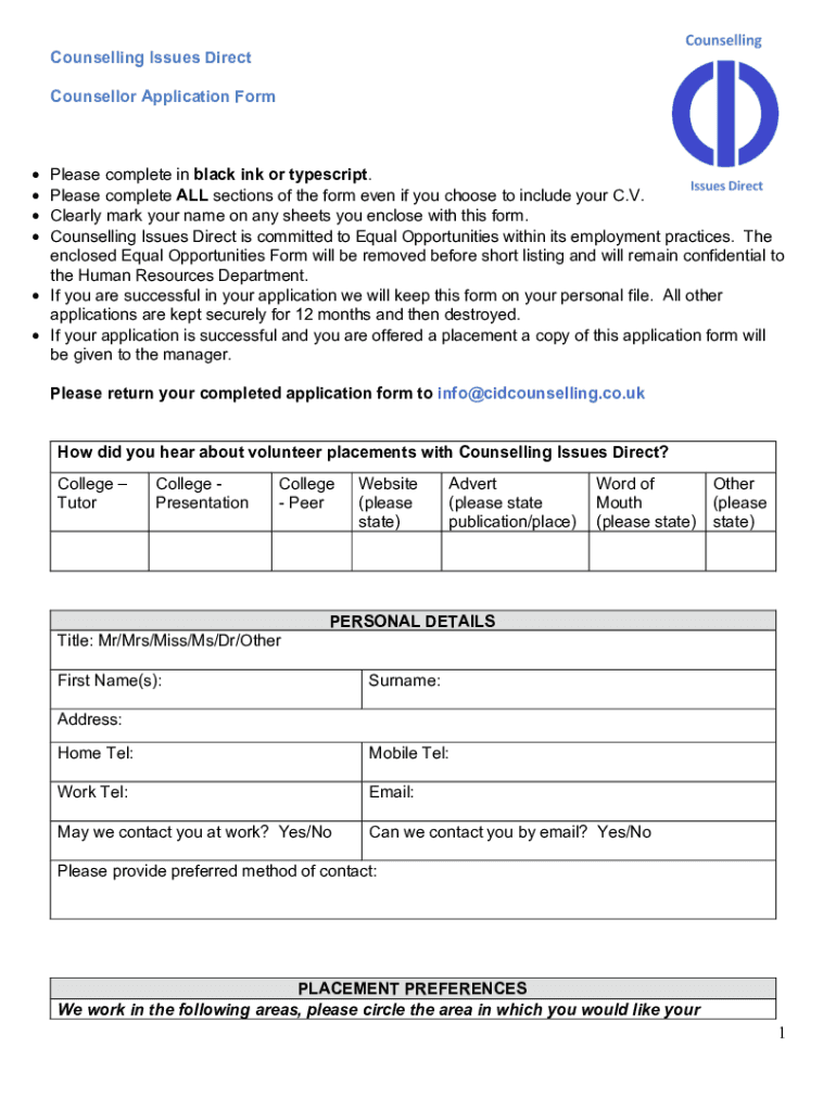 Fillable Online Counseling Form Template - Fill Online, Printable ...