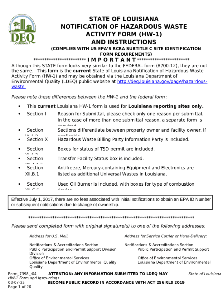 state of louisiana notification of hazardous waste activity ... - deq louisiana Doc Template ...