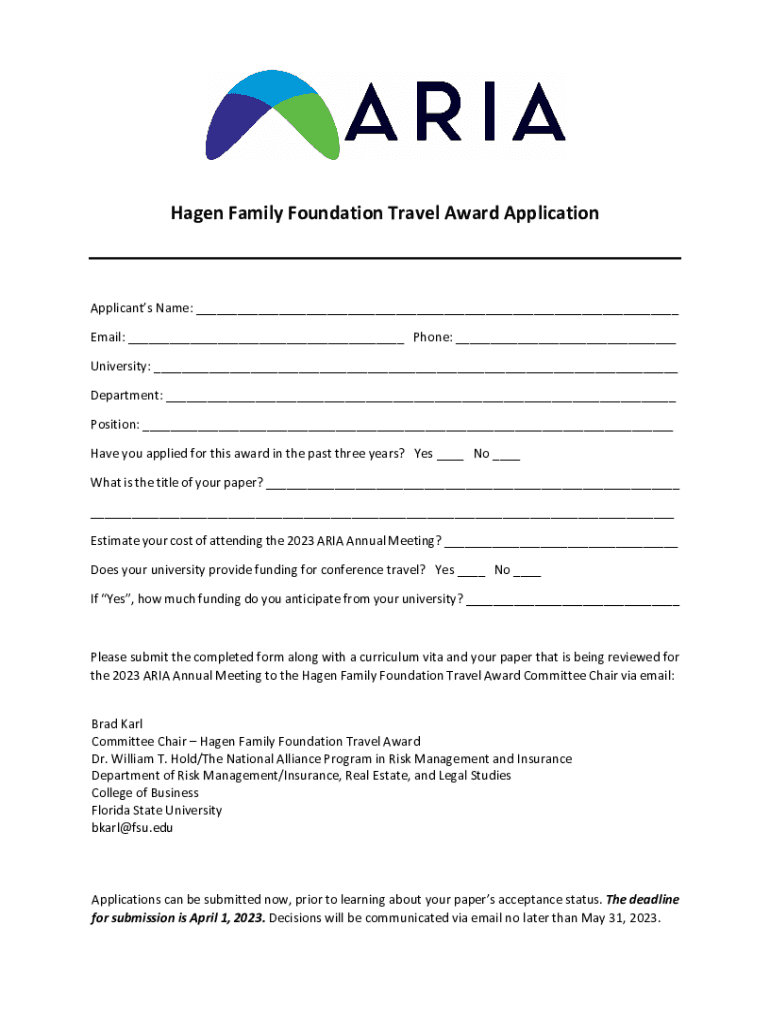 Fillable Online Hagen Family Foundation Travel Award Application Fax ...