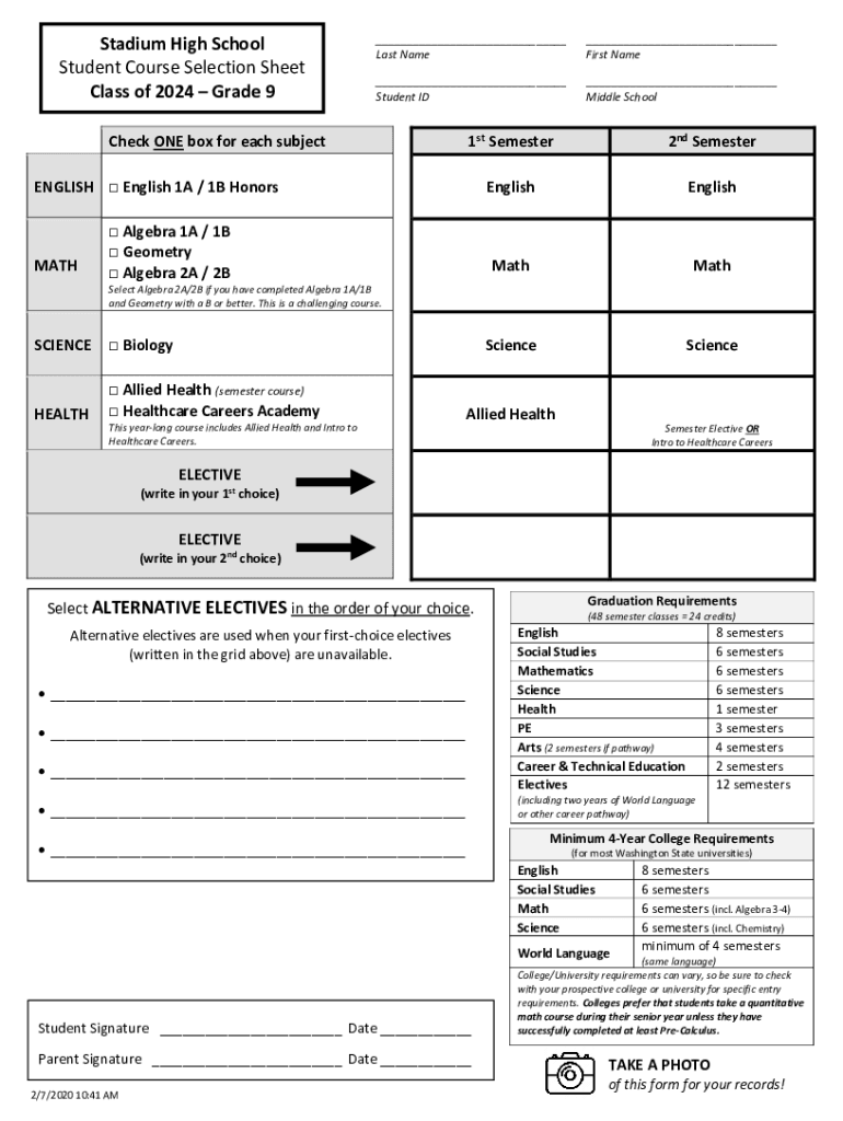 Fillable Online Stadium High School Student Course Selection Sheet Class ... Fax Email Print ...