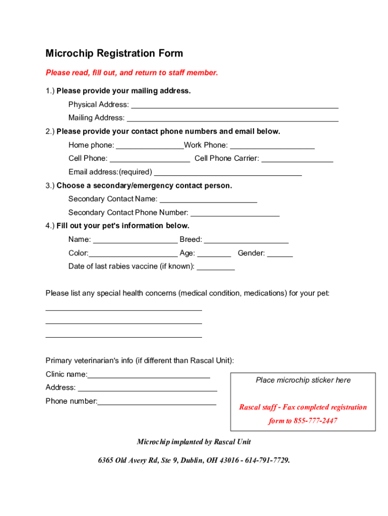 Fillable Online Save This Life Microchip Information Form Fax Email ...