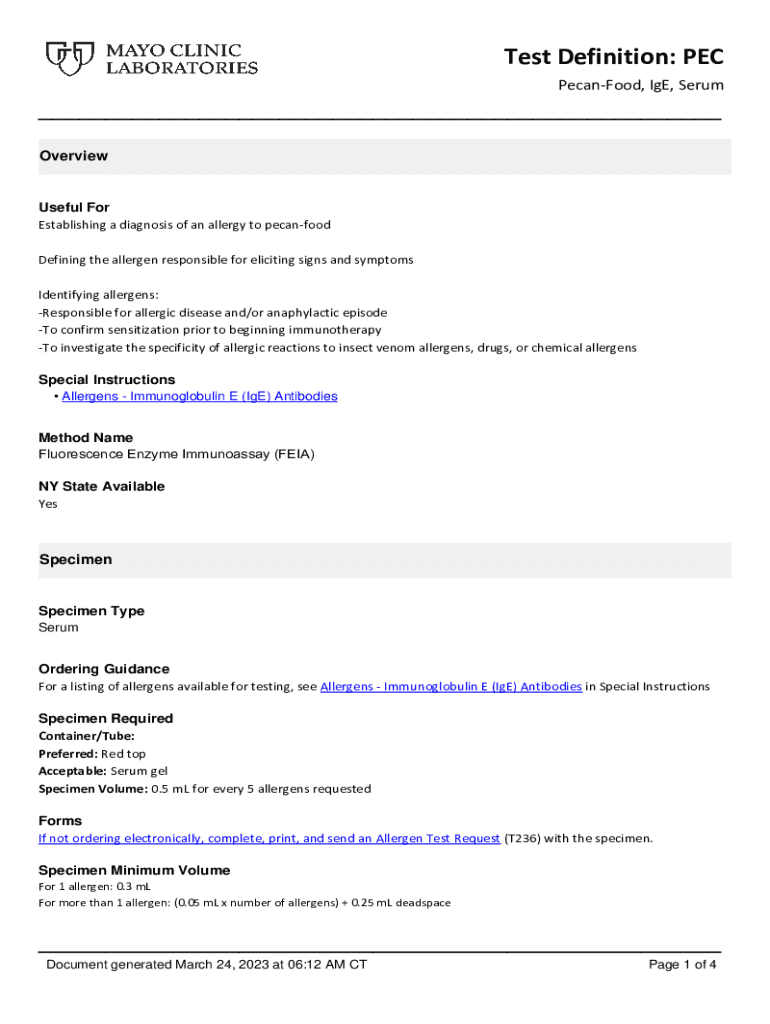 Fillable Online Pecan-Food, IgE, Serum - Mayo Clinic Laboratories Fax ...