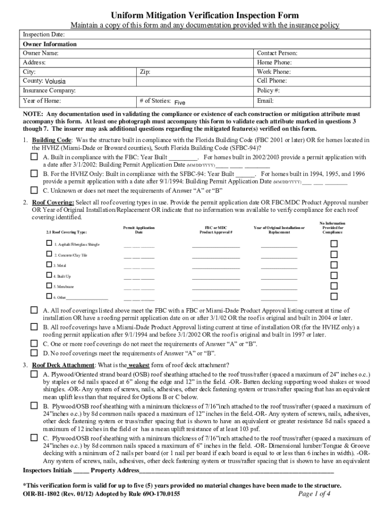 Fillable Online Uniform Mitigation Verification Inspection Form - 2012 ...