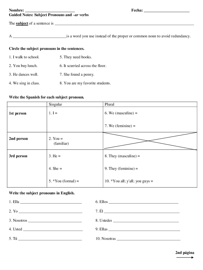 Fillable Online Guided Notes subject pronouns and the verb TRE.pdf Fax ...