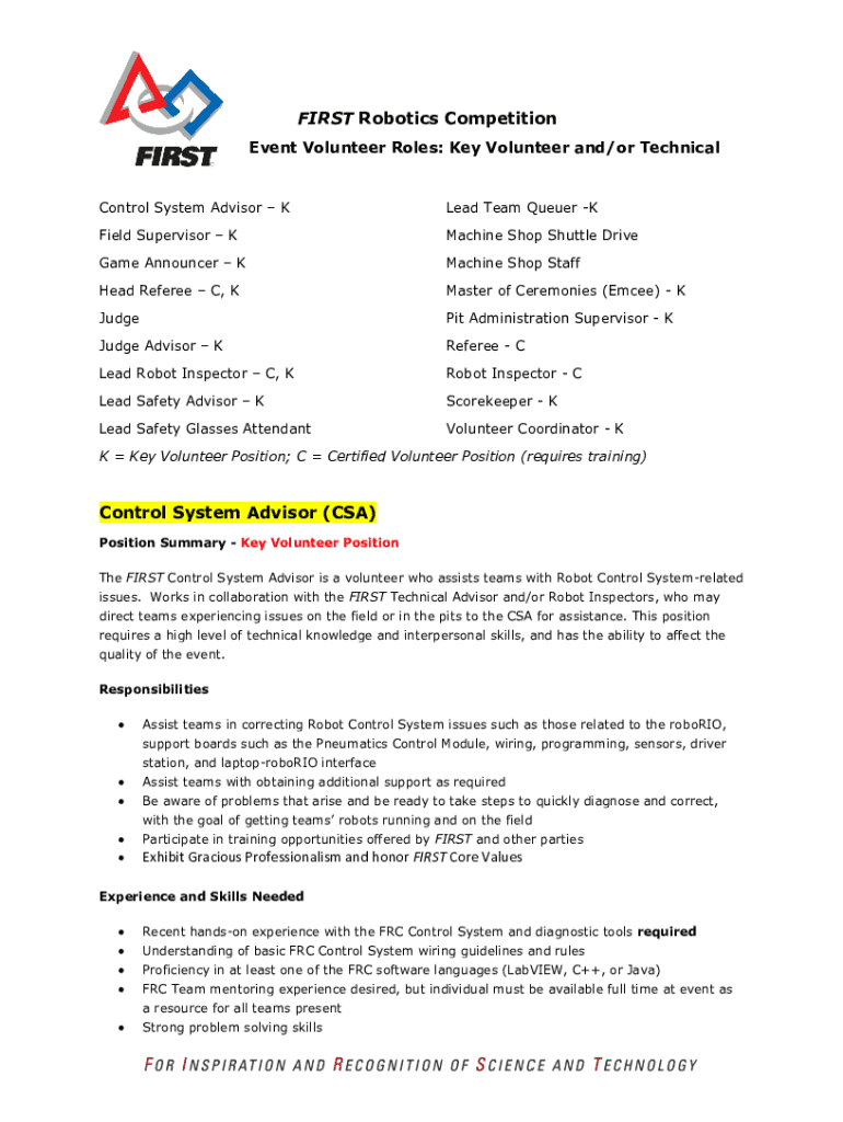 Fillable Online Volunteer roles - FIRST Robotics Competition (Current ...