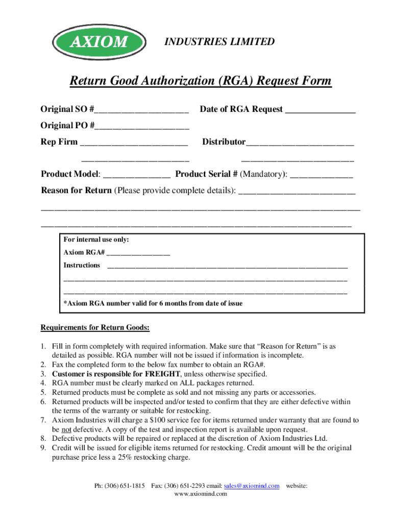 Fillable Online Returned Goods Authorization (RGA) Form Fax Email Print ...