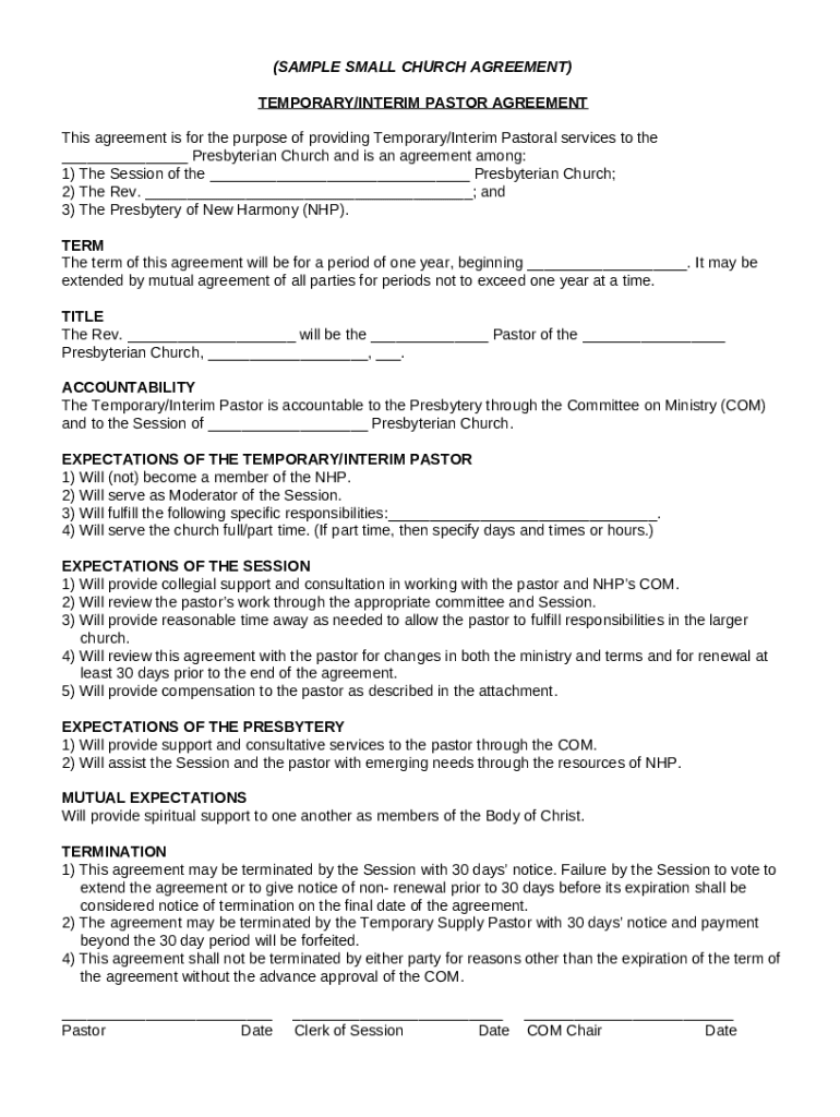 Covenant of Agreement for Pastoral Relationships Doc Template | pdfFiller