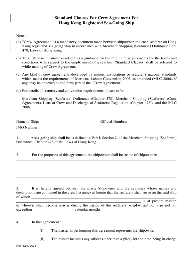 Fillable Online Standard Clauses For Crew Agreement For Hong Kong ...