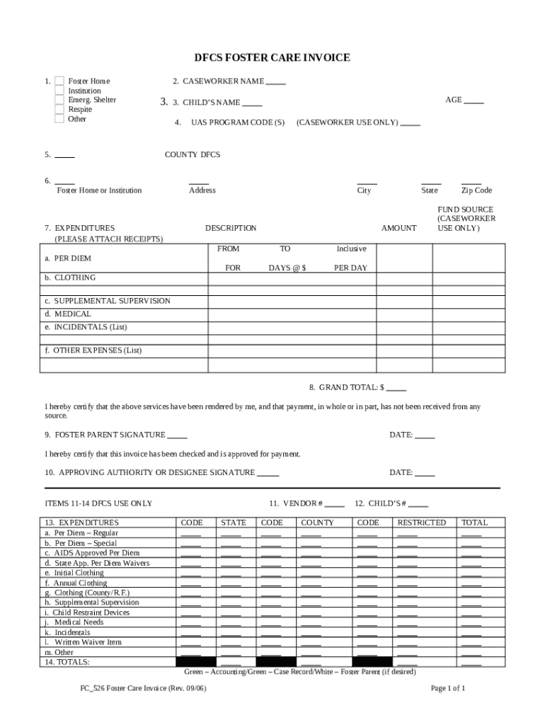 Foster Care Invoice ( 526) Doc Template | pdfFiller