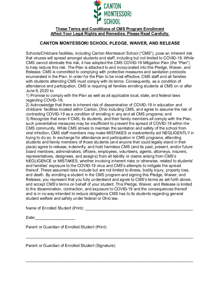 Fillable Online CANTON MONTESSORI SCHOOL PLEDGE, WAIVER, ... Fax Email ...