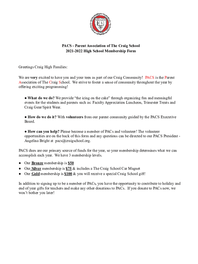 Fillable Online PACS HS Membership Form 2021-2022 Aug Mailing.docx Fax Email Print - pdfFiller