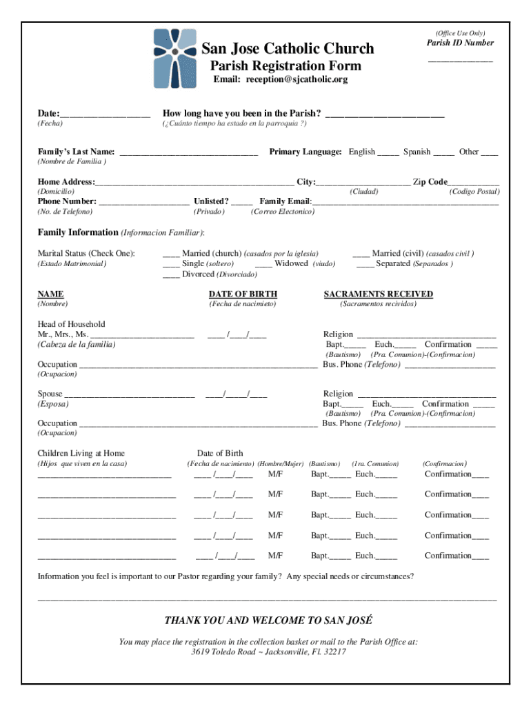 Fillable Online Parish Registration Form - San Jose Catholic Church Fax ...