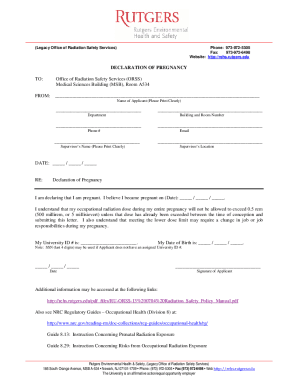 Fillable Online DECLARATION OF PREGNANCY TO: Office of Radiation Safety ...