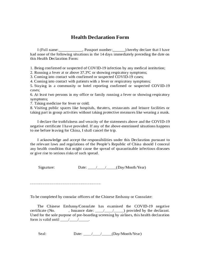 health declaration for visa application Doc Template | pdfFiller