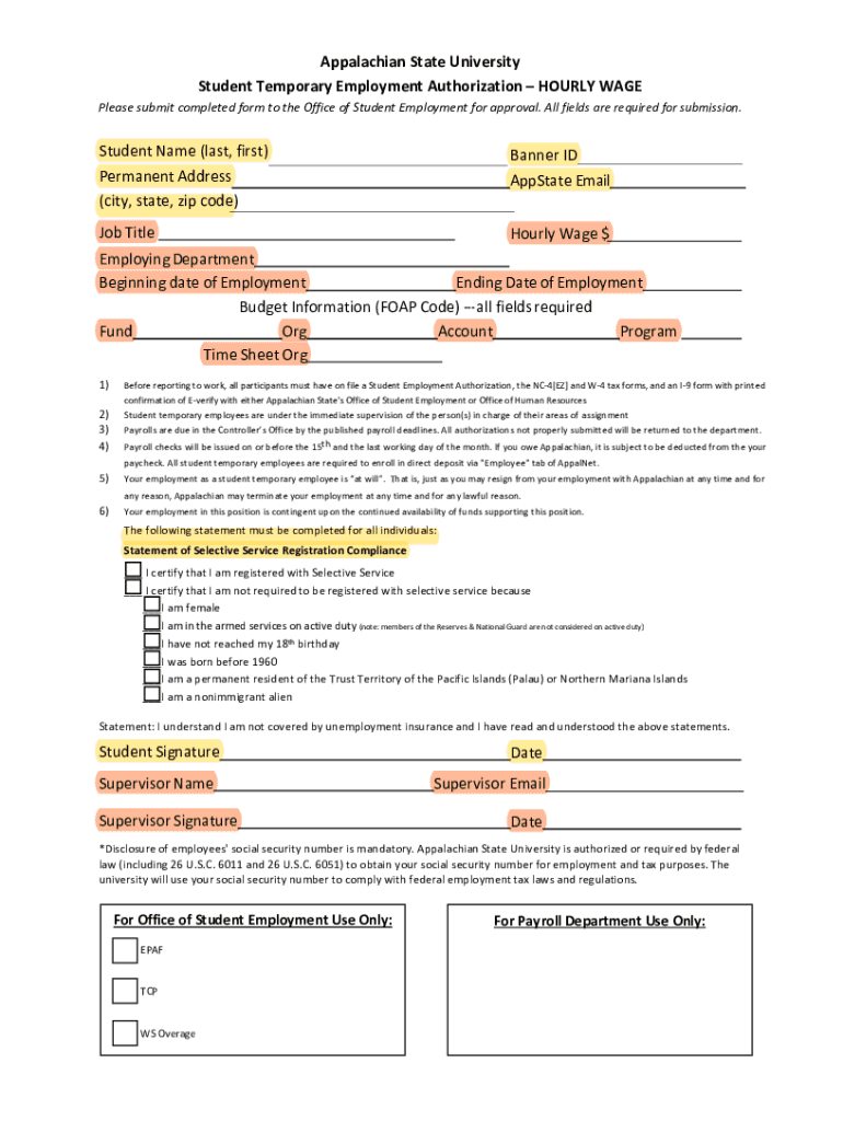 Fillable Online careers appstate Appalachian State University Student Temporary Employment ...