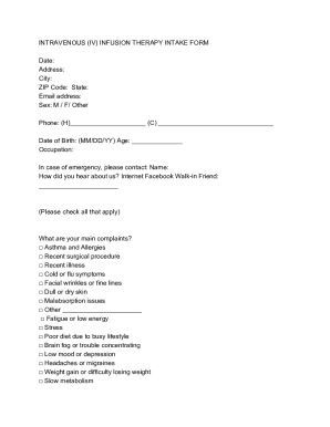 Fillable Online INTRAVENOUS (IV) INFUSION THERAPY INTAKE FORM ... Fax ...