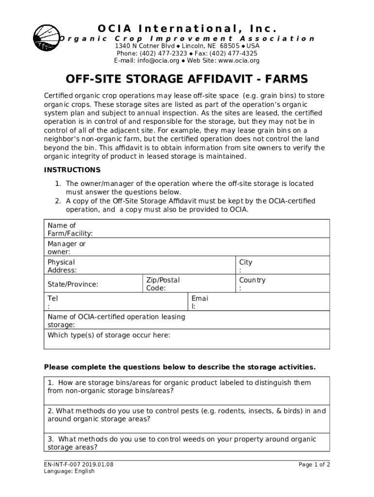 off-site storage affidavit - Organic Crop Improvement Association Doc Template | pdfFiller