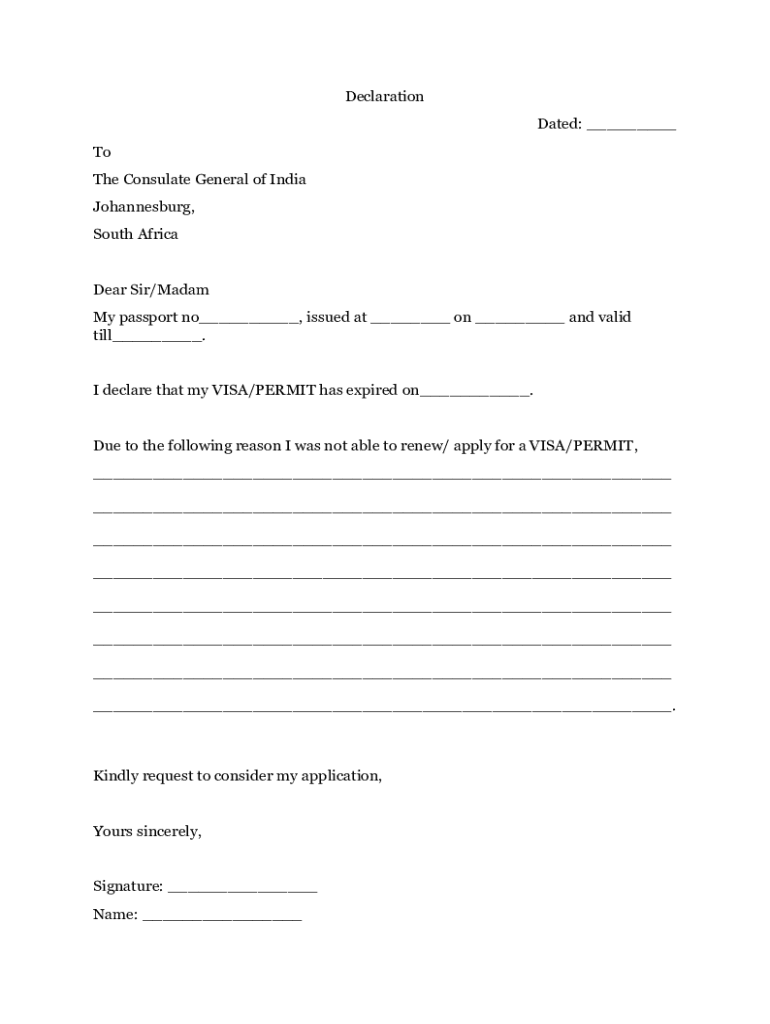 Fillable Online Declaration Dated: To The Consulate General of India ...
