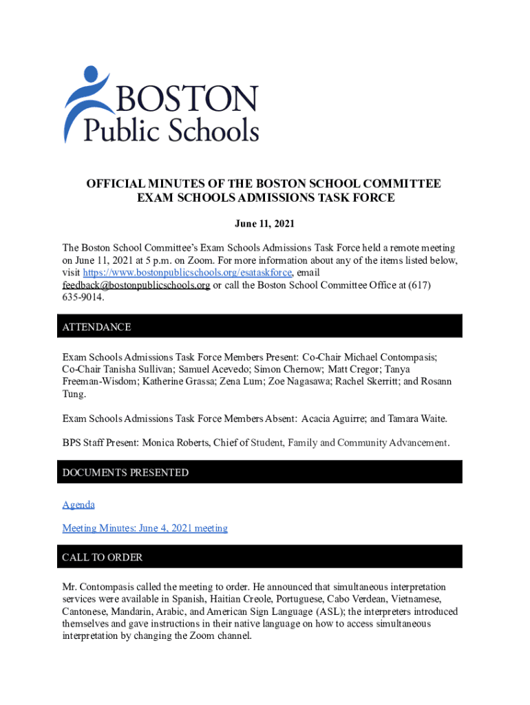 Fillable Online Boston exam school task force settles on new entrance ...