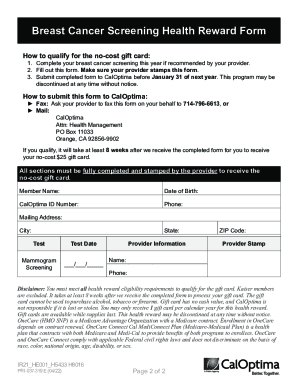 Fillable Online Breast Cancer Screening Health Reward Form Fax Email ...