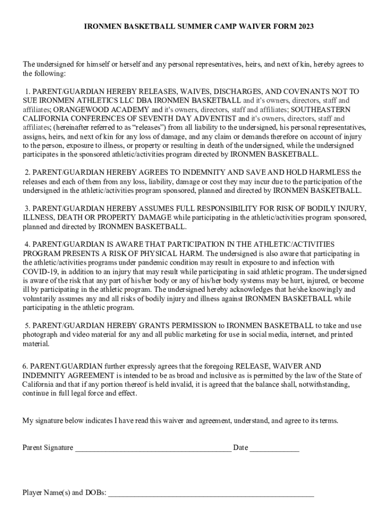 Fillable Online Basketball Waiver Forms - Fill Online, Printable ...