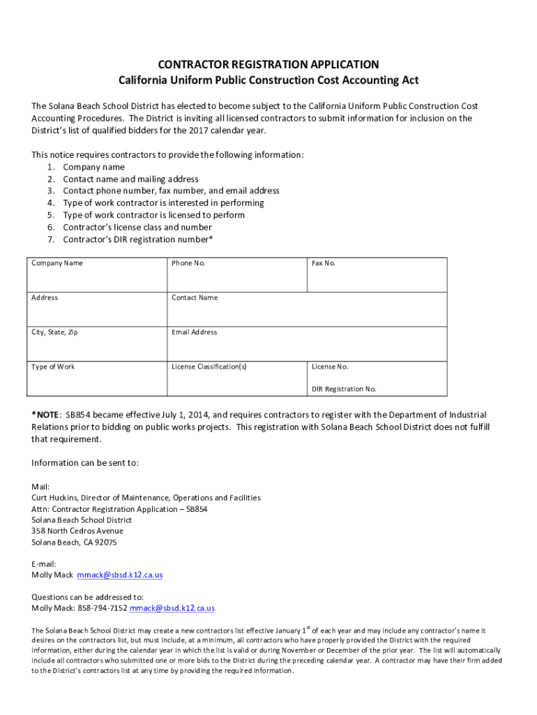 Fillable Online Public Works Contractor Registration Law SB 854 Fax ...