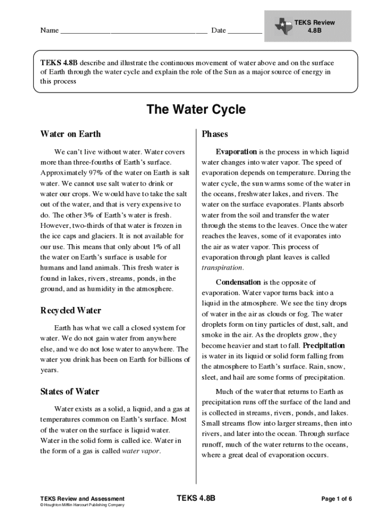 Fillable Online 4.8B TEKS Review - Water Cycle.pdf Fax Email Print ...