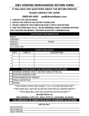 Fillable Online D&S VENDING MERCHANDISE RETURN FORM Fax Email Print ...