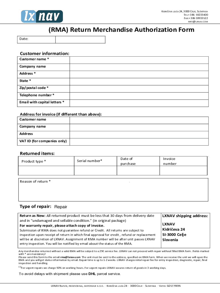 Fillable Online (RMA) Return Merchandise Authorization Form - LXNAV ...