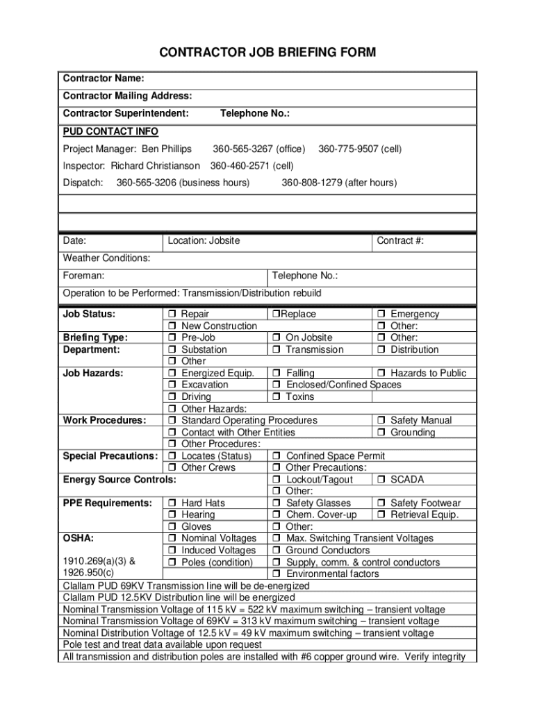 Fillable Online CONTRACTOR JOB BRIEFING FORM Fax Email Print - pdfFiller