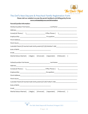 Fillable Online The Owl's Nest Daycare & Preschool Family Registration ...