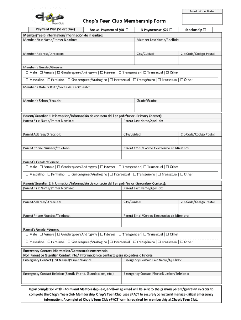 Fillable Online Chop's Teen Club Membership Form Yes No Fax Email Print ...