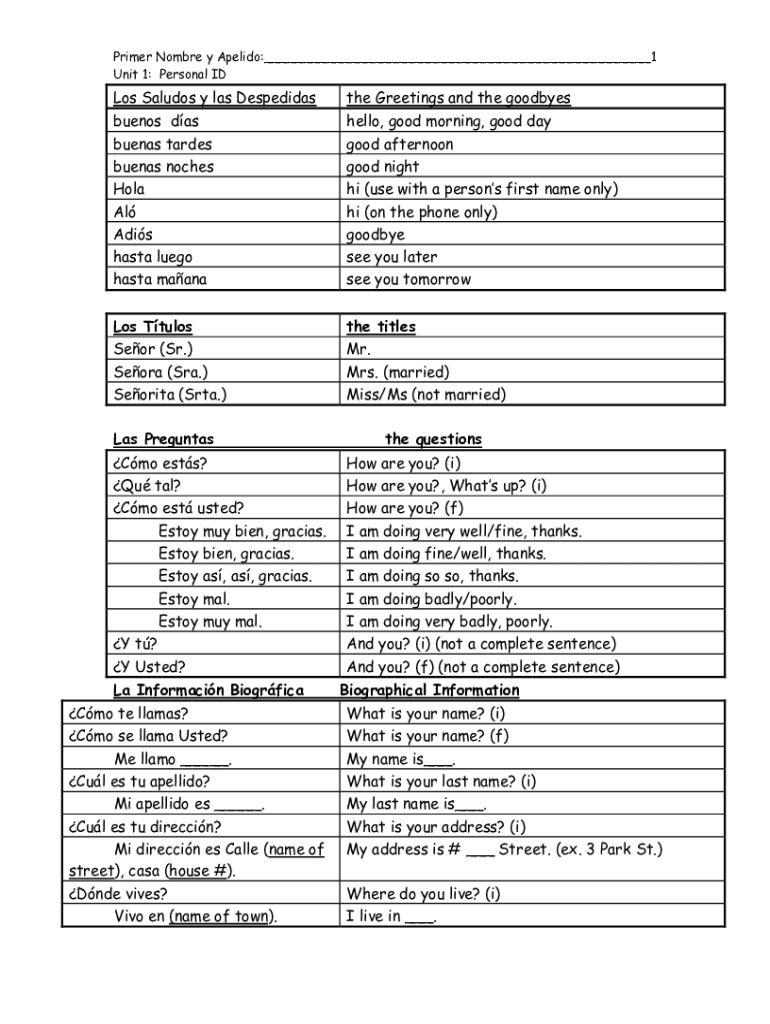 Fillable Online Saludos y despedidas. Greetings and farewells. Unit 1 ...