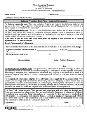 Fillable Online Collateral Protection Claim Form Important Information ...