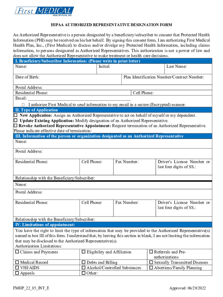 Fillable Online hipaa authorized representative designation form Fax ...