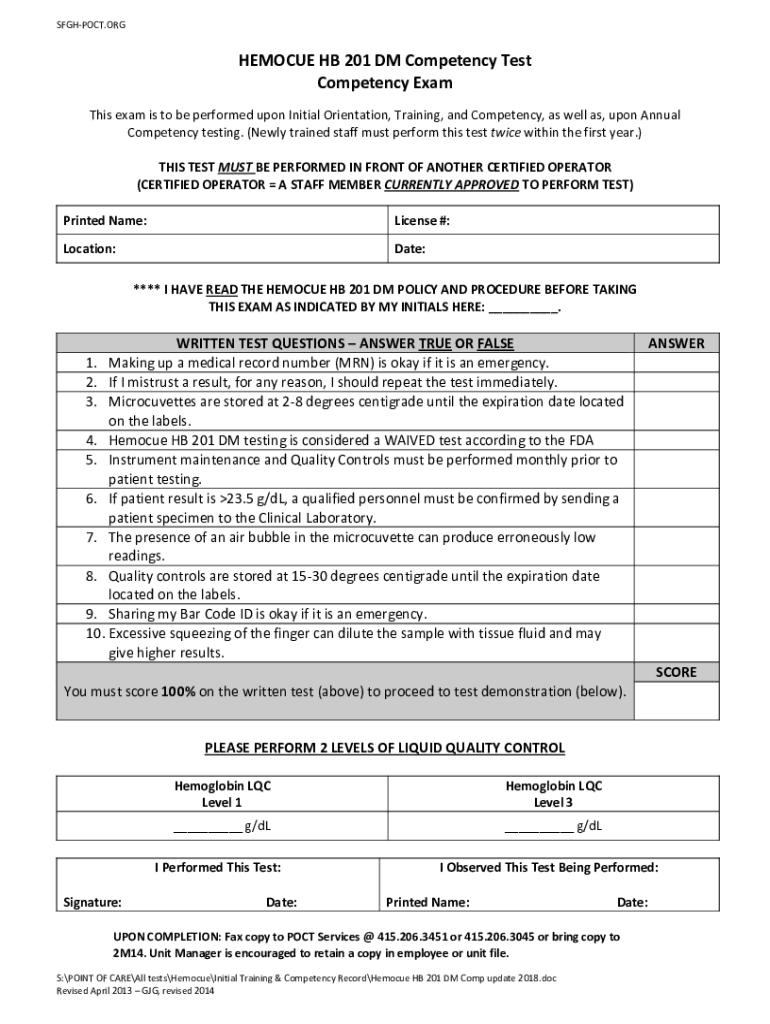 Fillable Online Hemocue Competency Test - Fill Online, Printable ...